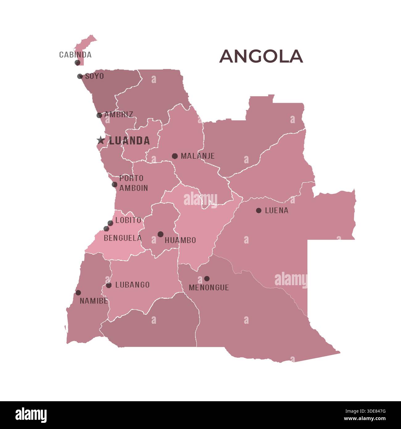Map of ANGOLA with Regions Borders and Famous Cities Stock Vector Image ...