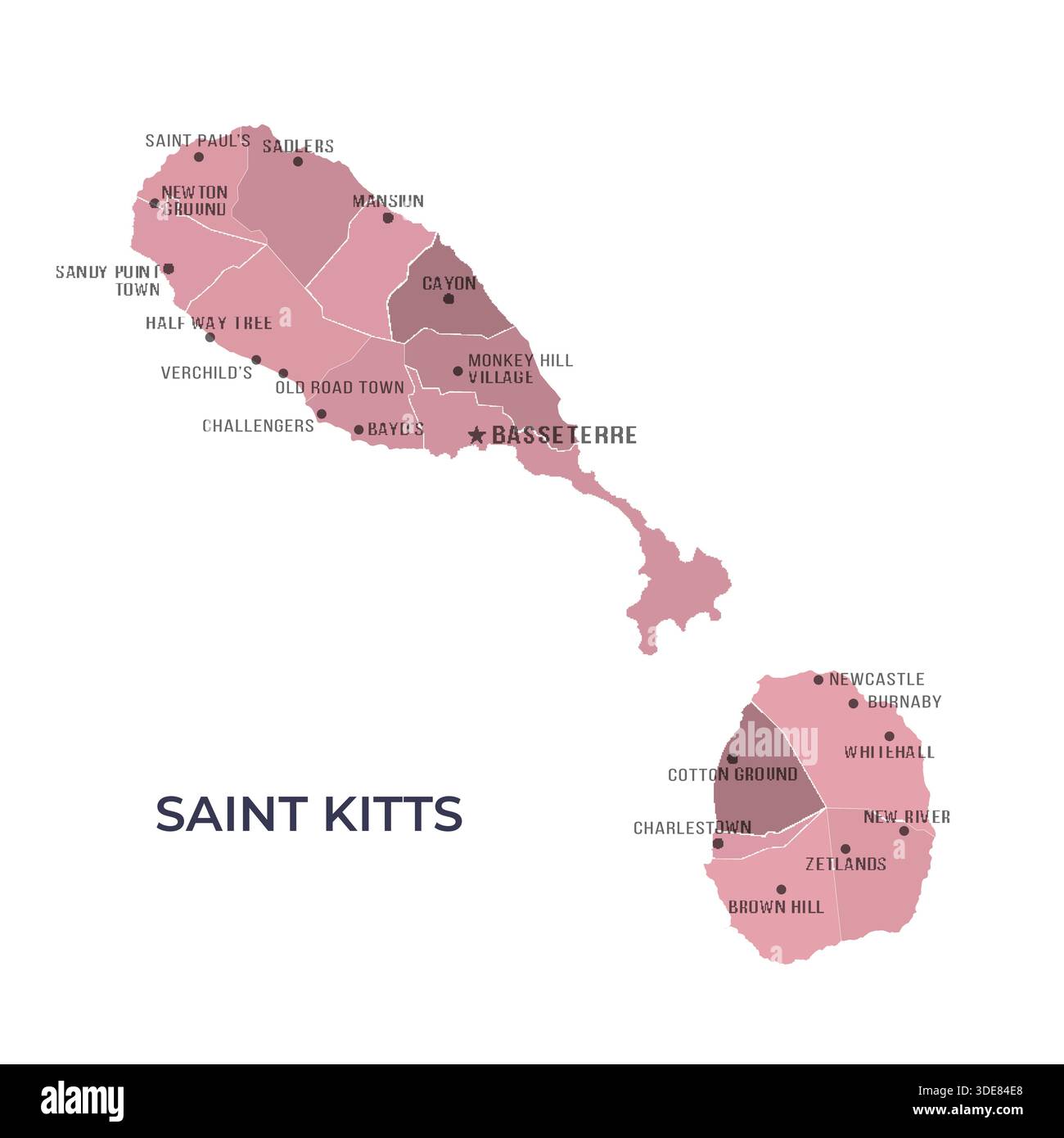 Map of SAINT KITTS with Regions Borders and Famous Cities Stock Vector ...