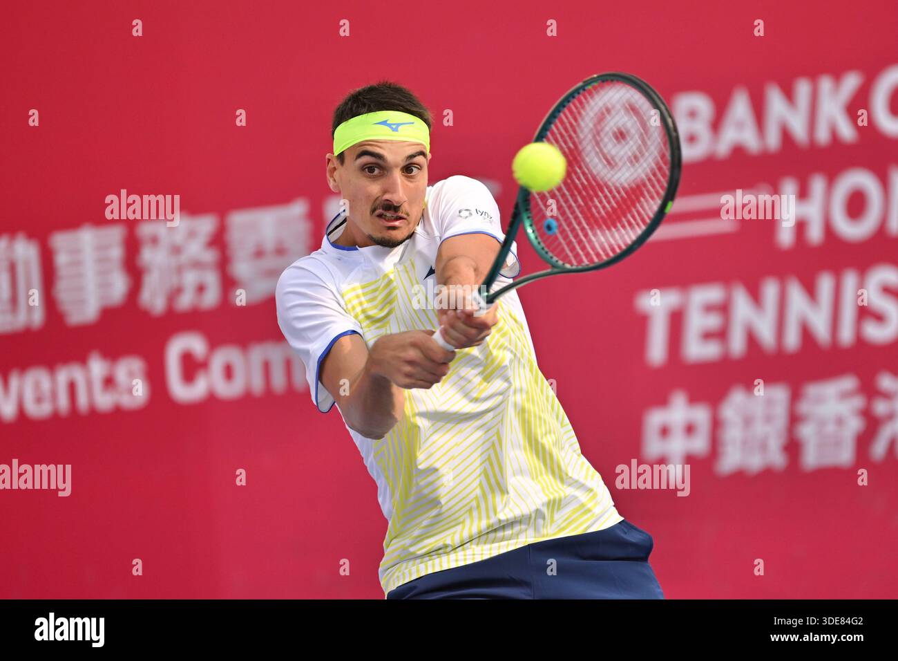 Lorenzo Sonego, an Italian tennis player, during a match at the Hong ...