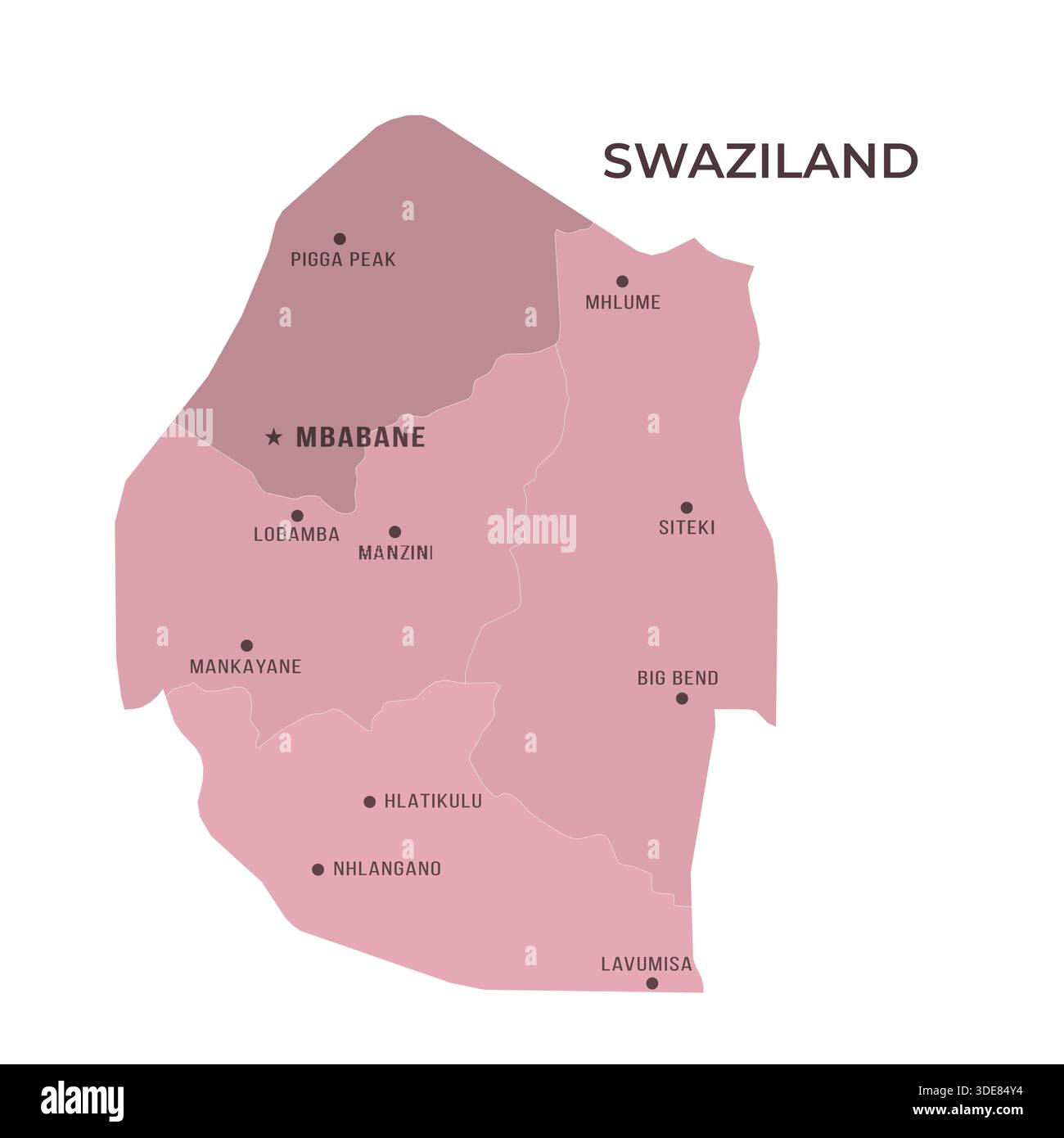 Map of SWAZILAND with Regions Borders and Famous Cities Stock Vector ...