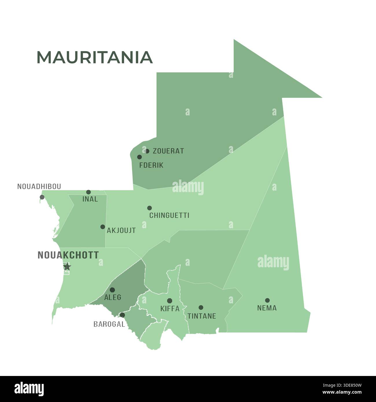 Map of MAURITANIA with Regions Borders and Famous Cities Stock Vector ...