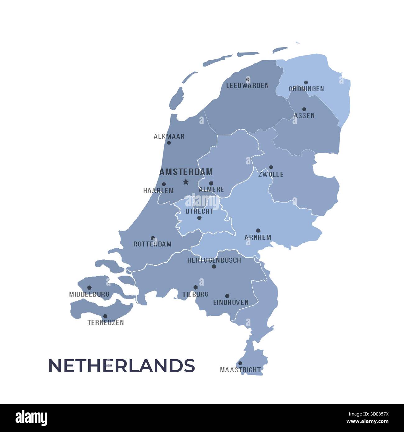 Map of NETHERLANDS with Regions Borders and Famous Cities Stock Vector ...