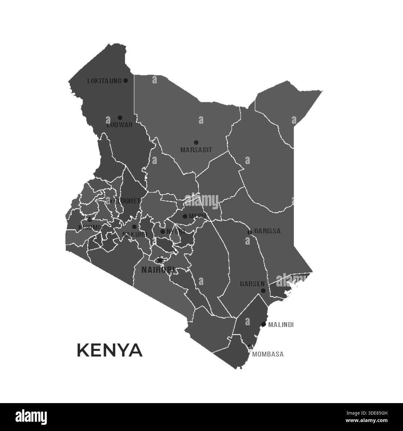 Map of KENYA with Regions Borders and Famous Cities Stock Vector Image ...