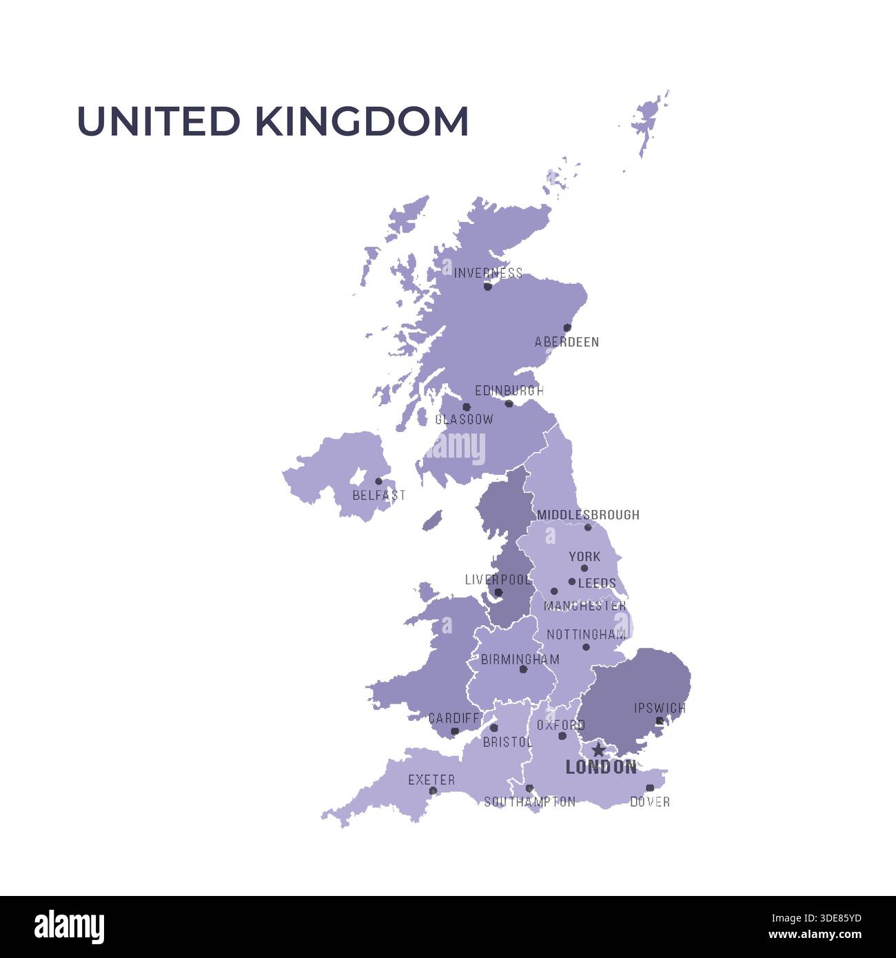 Map of UNITED KINGDOM with Regions Borders and Famous Cities Stock ...