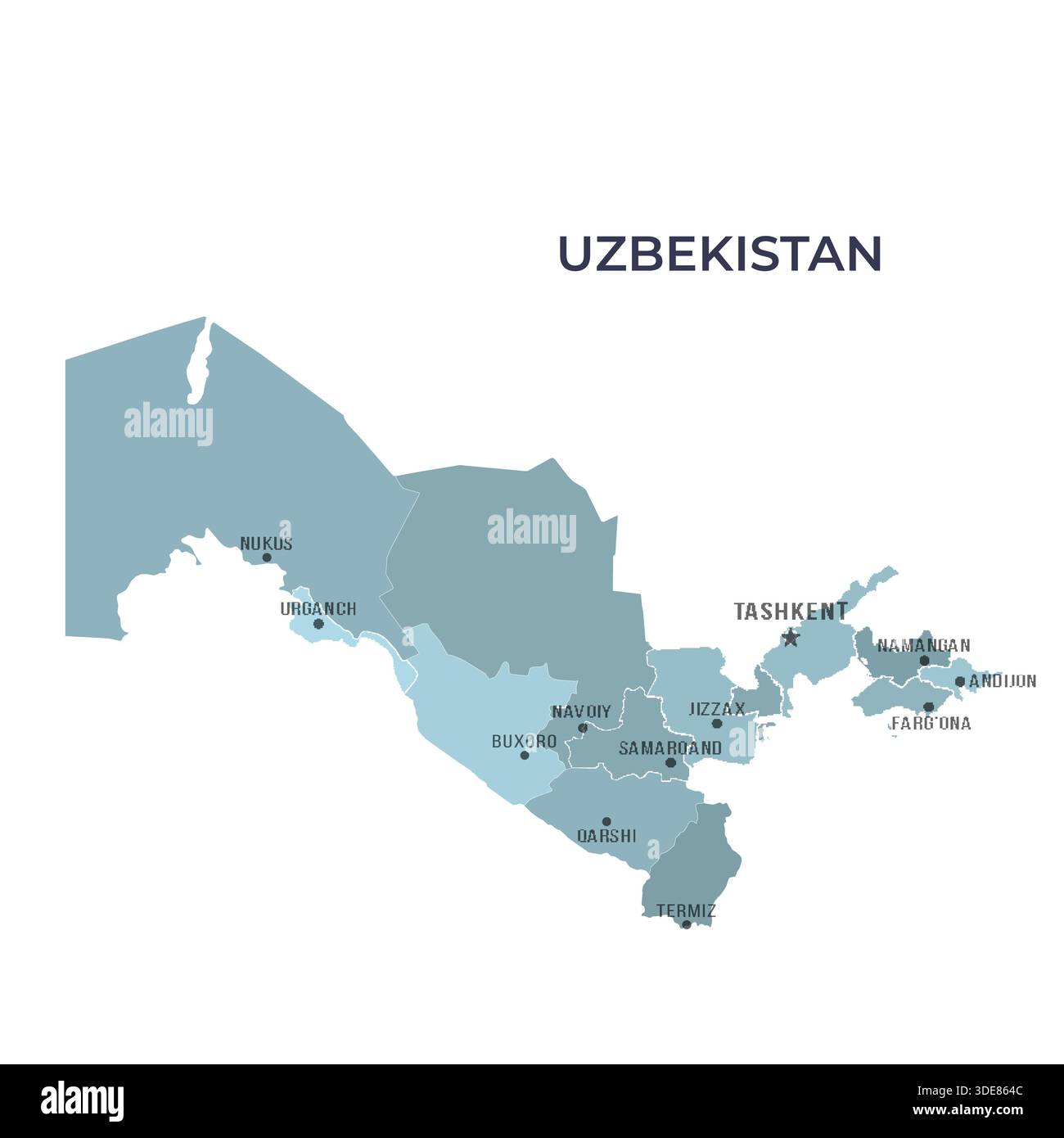 Map of UZBEKISTAN with Regions Borders and Famous Cities Stock Vector ...