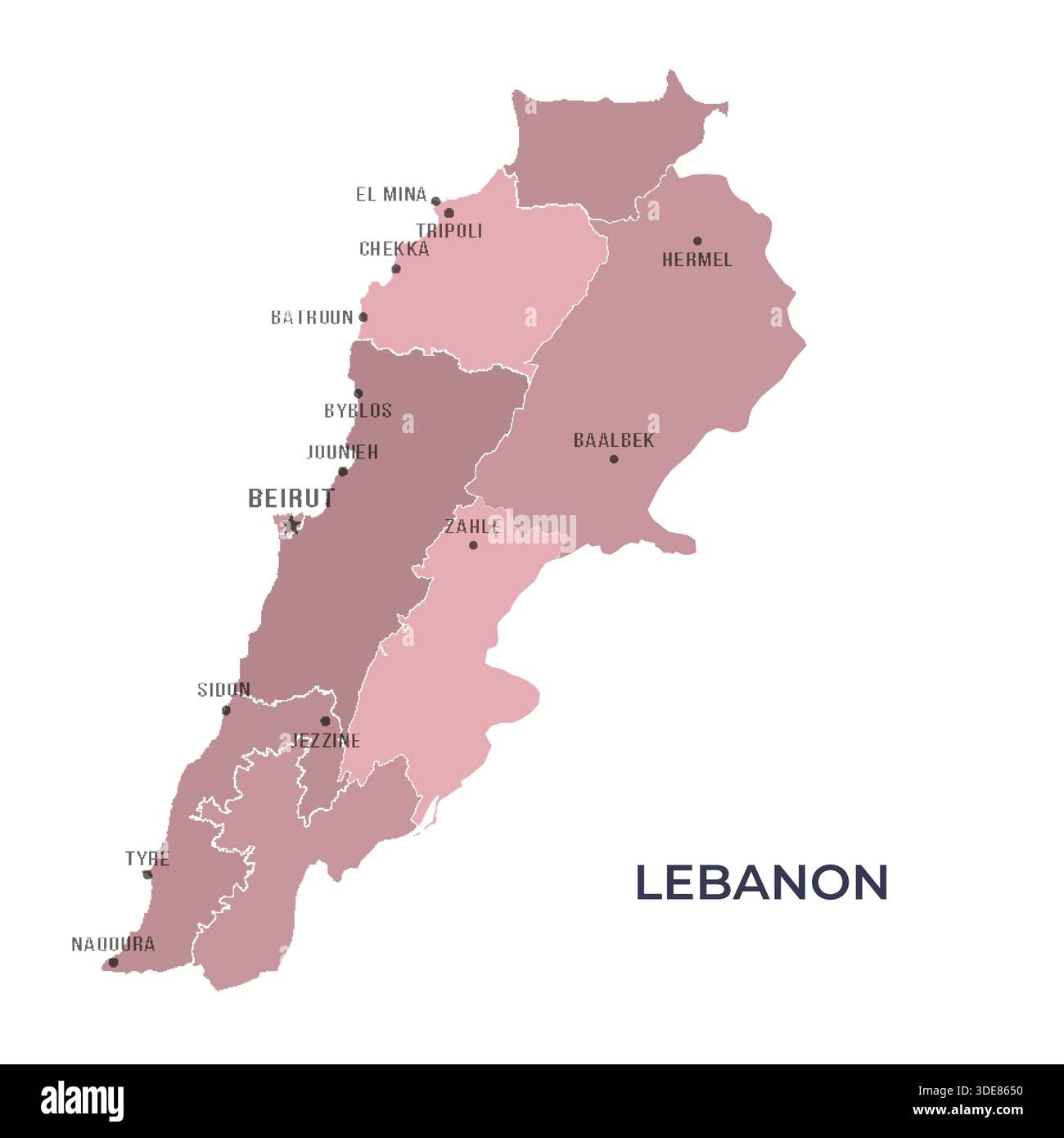 Map of LEBANON with Regions Borders and Famous Cities Stock Vector ...