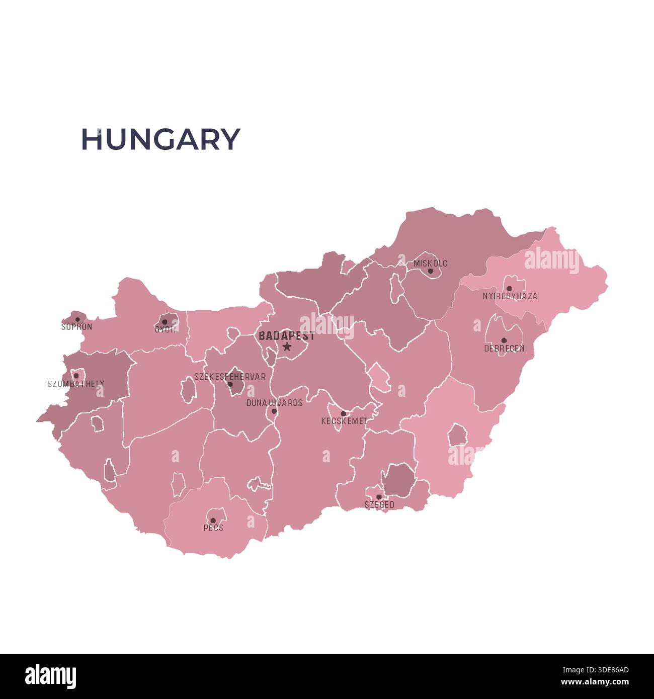 Map of HUNGARY with Regions Borders and Famous Cities Stock Vector ...