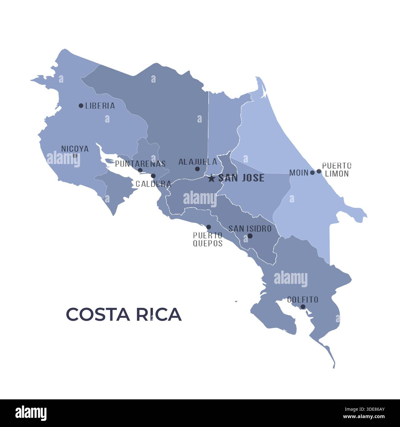 Map of COSTA RICA with Regions Borders and Famous Cities Stock Vector ...