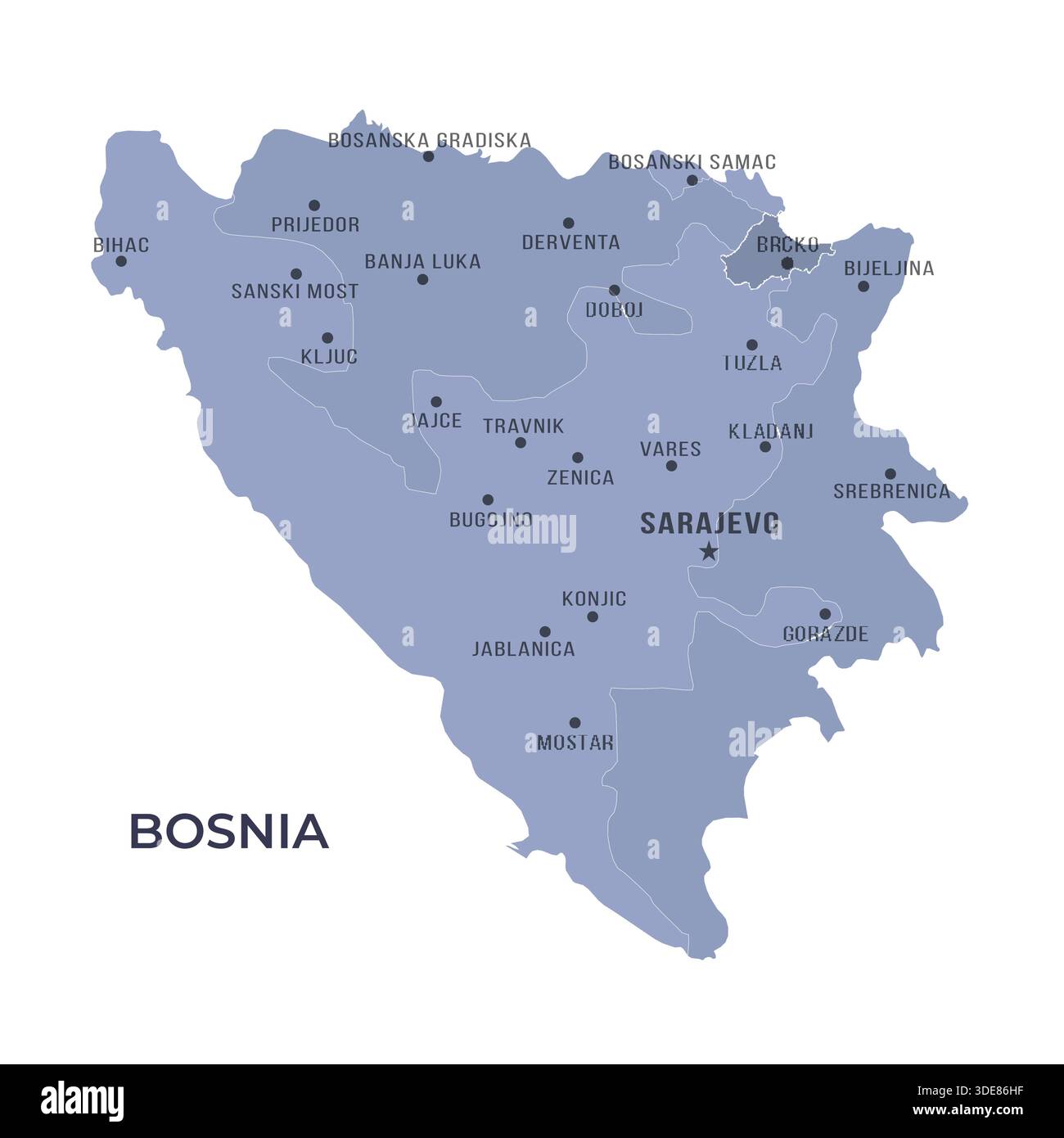 Map of BOSNIA with Regions Borders and Famous Cities Stock Vector Image ...