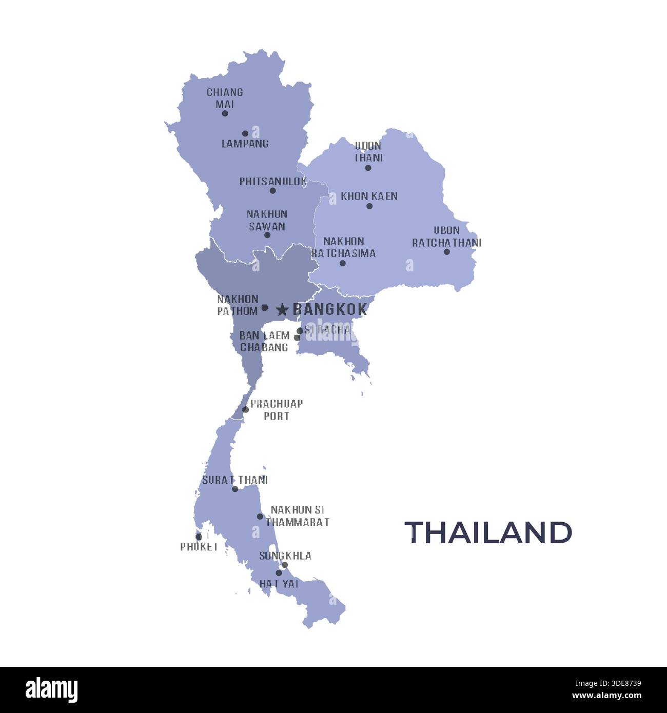 Map of THAILAND with Regions Borders and Famous Cities Stock Vector ...