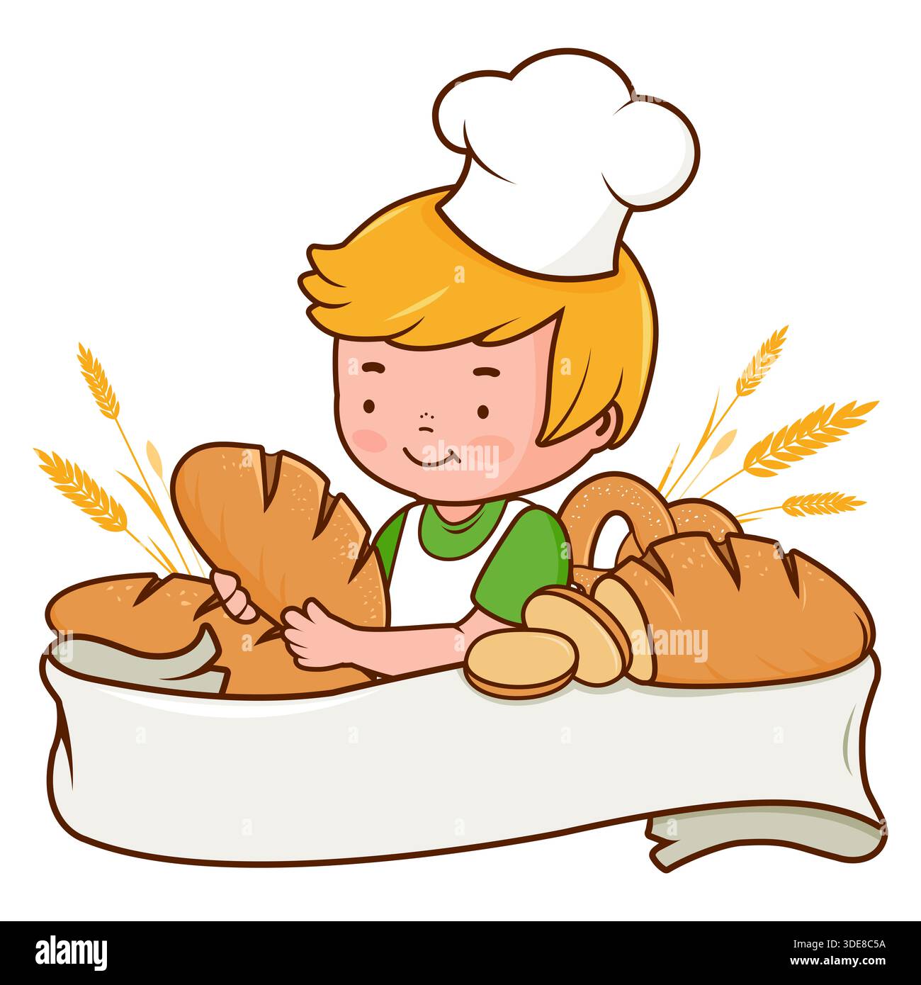 Bakery ribbon banner with child chef. Baker child with cooking hat ...