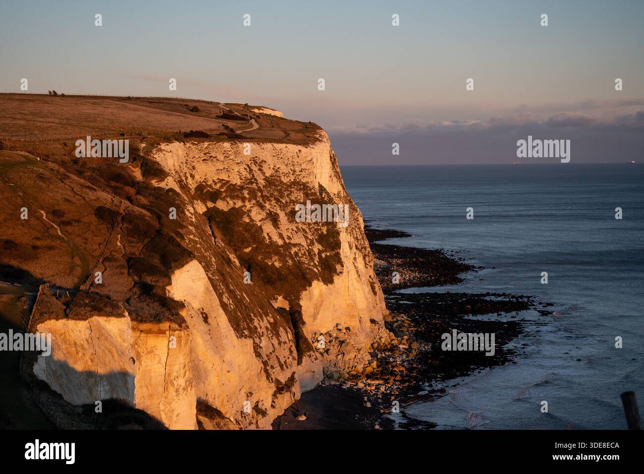 A general view showing the white cliffs of Dover during sunset on ...