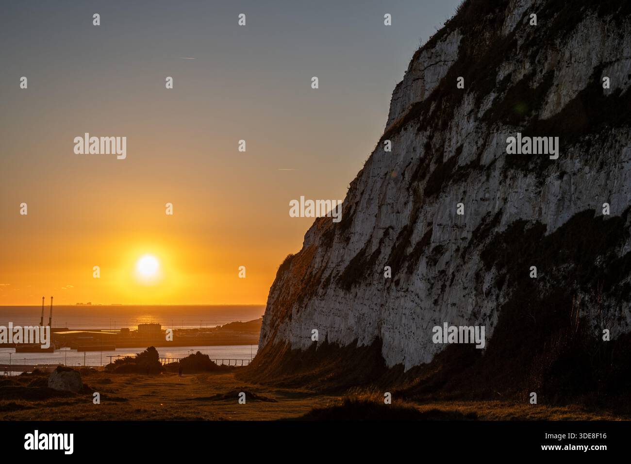 A general view showing the white cliffs of Dover during sunset on ...