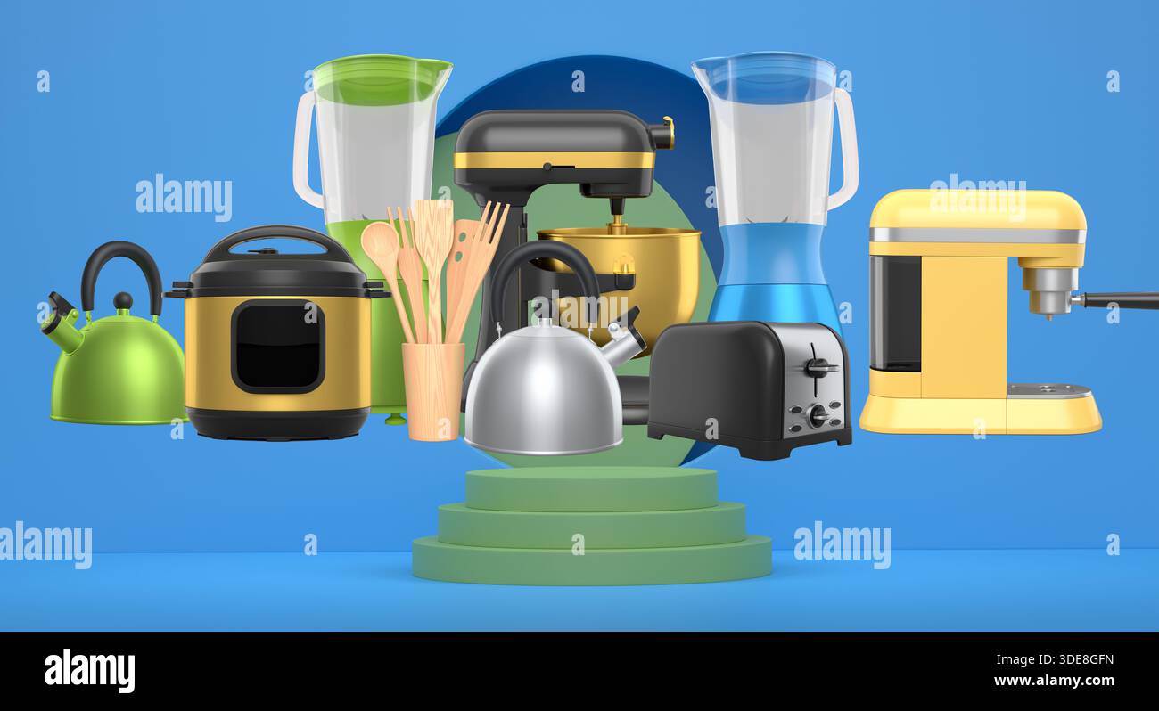 Set of kitchen appliances and utensils floating in mid-air over podium ...
