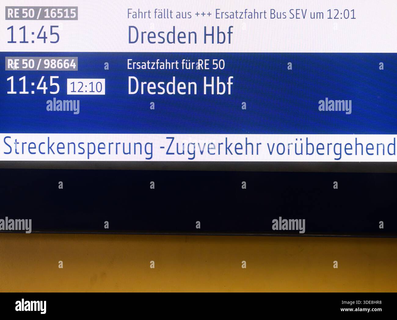 06 January 2026, Saxony, Riesa: Train cancellations are shown on a ...