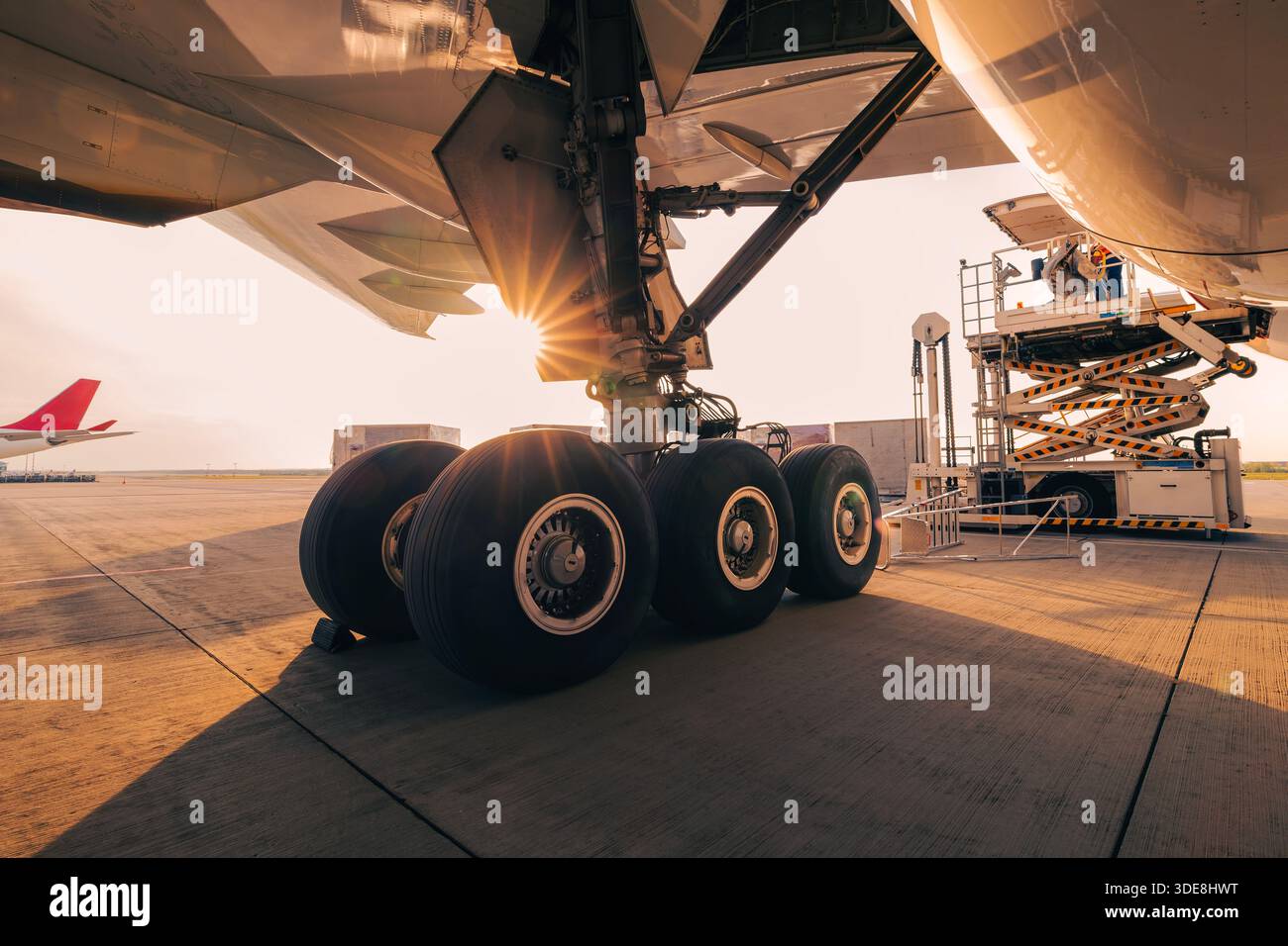 Landing gear of large plane. Preparation of cargo airplane before ...