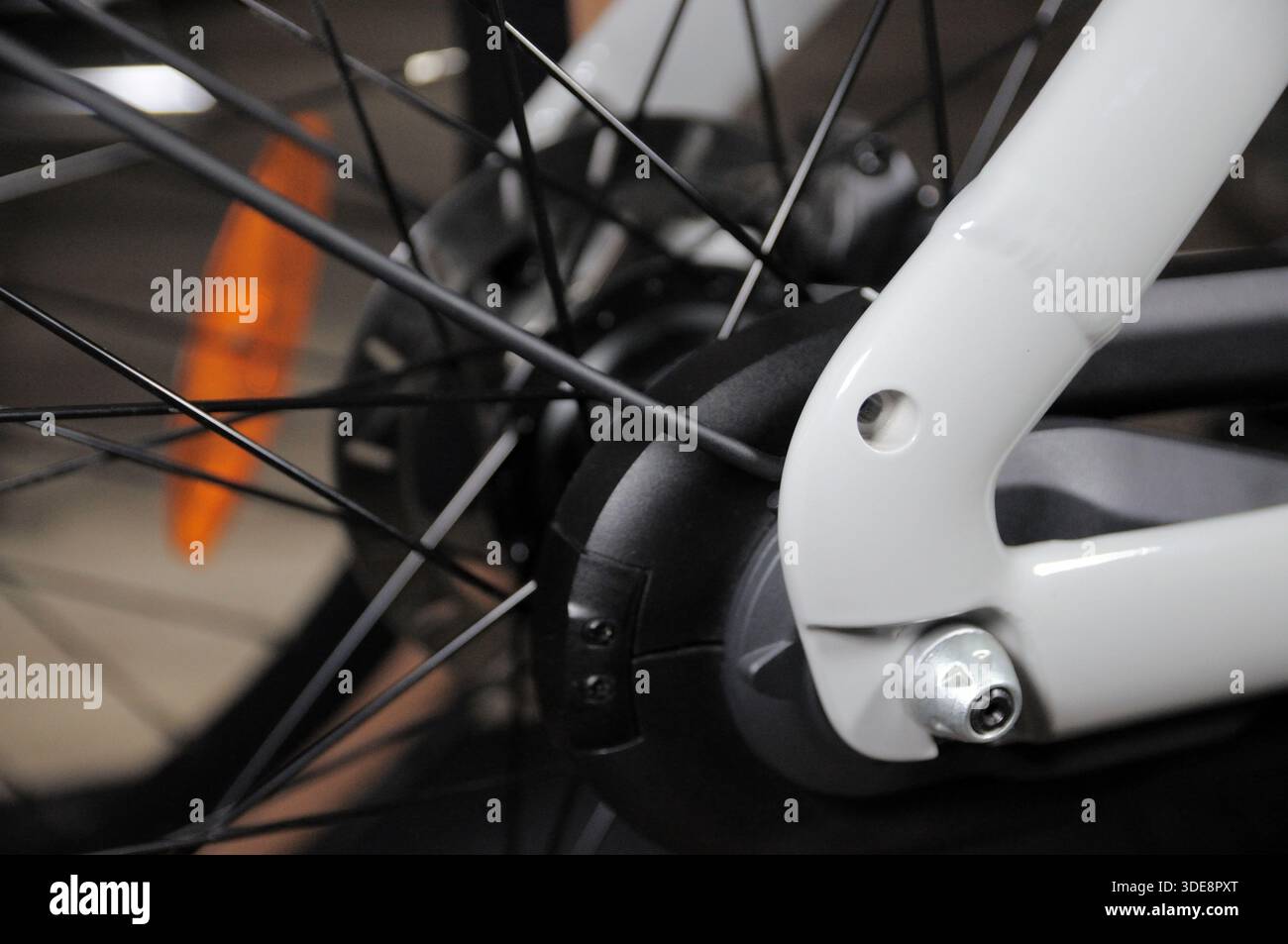 Close up of rear bicycle wheel hub with spokes. Mechanical details ...