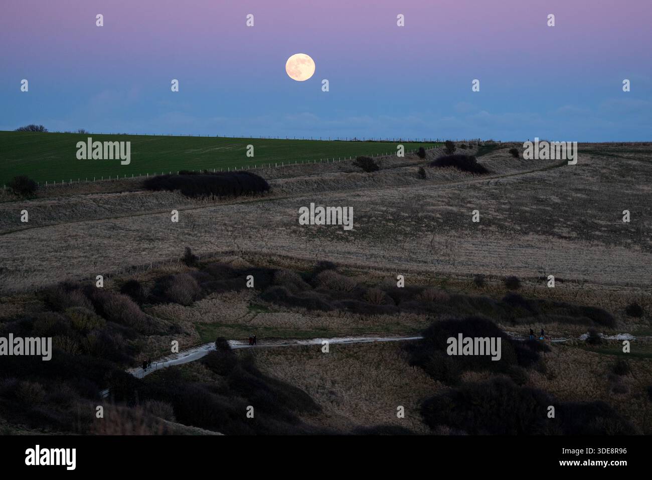 The moon rises over a field on January 3, 2026 in Dover, United Kingdom ...