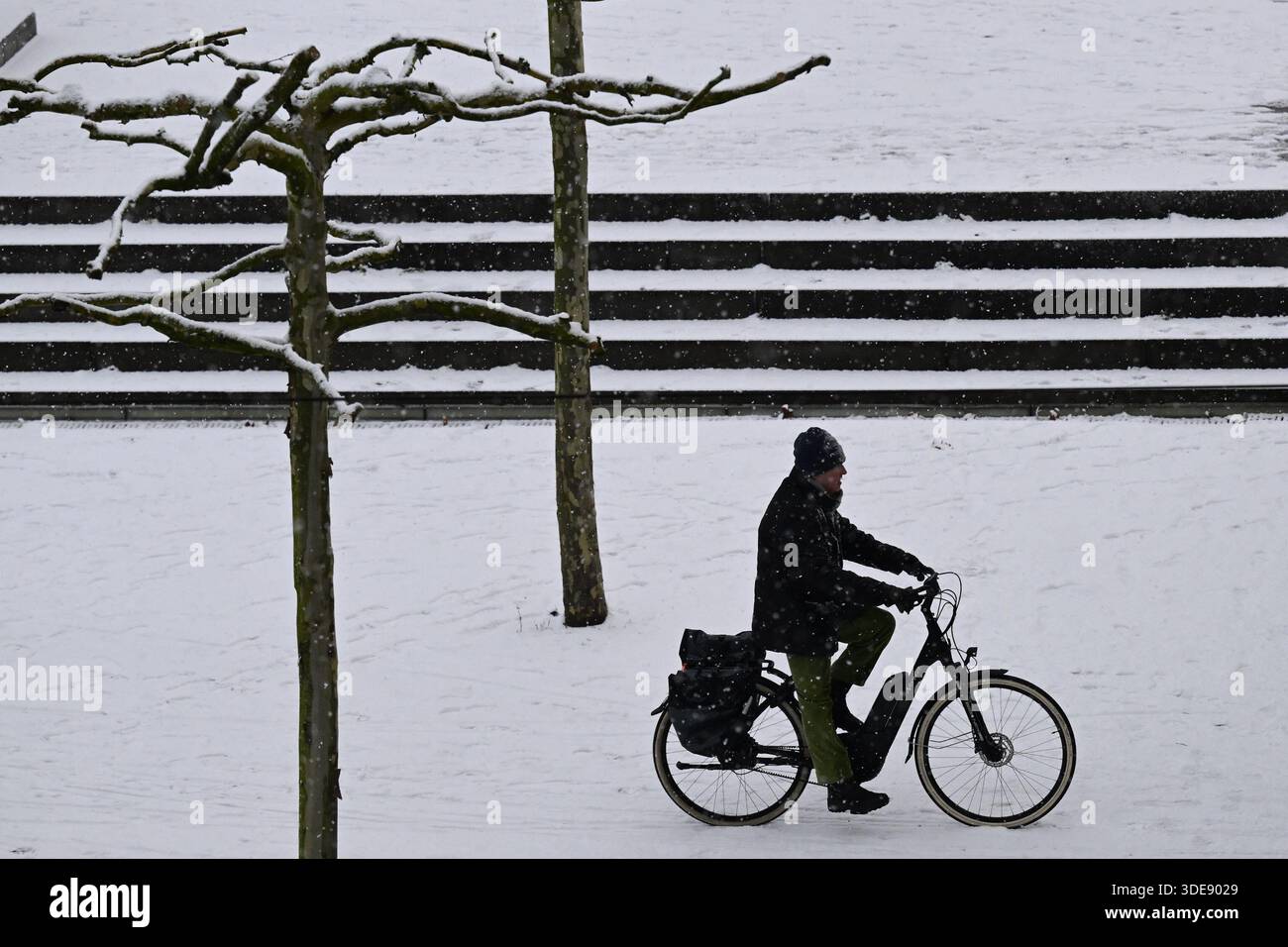 A man rides a bike in the snow in a parc in Antwerp, on Tuesday 06 January 2026. BELGA PHOTO ...