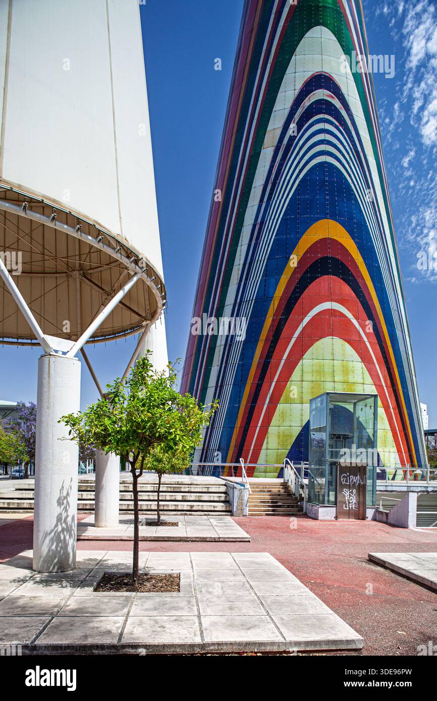 Explore Seville's Expo 92 tower featuring vibrant EU flags on the ...