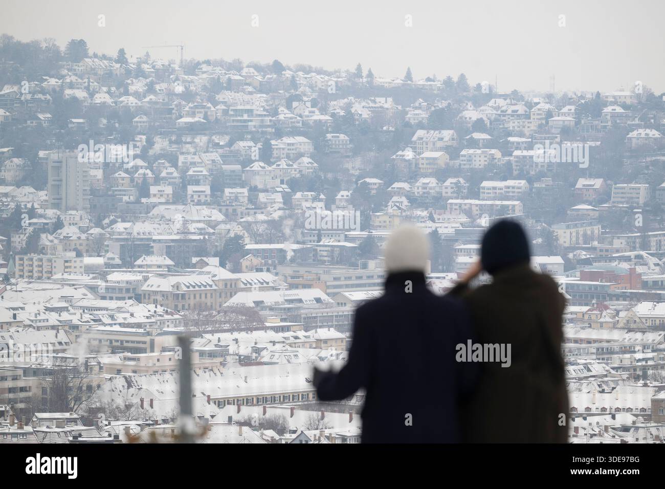 06 January 2026, Baden-Württemberg, Stuttgart: Snow-covered roofs can ...
