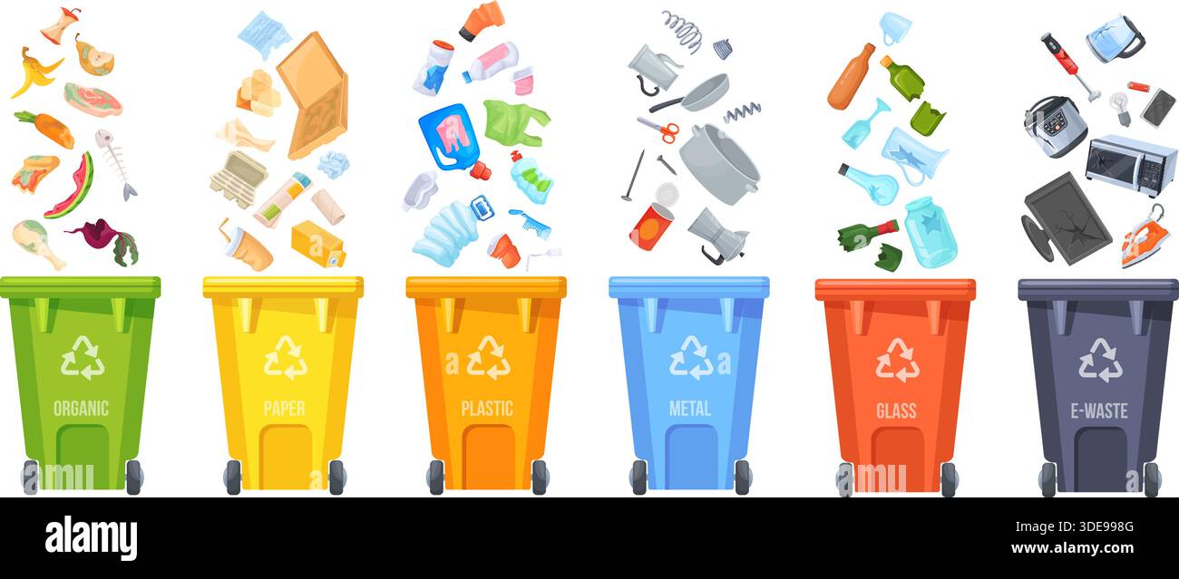 Waste segregation. Trash sorting, selective collect garbage separating ...