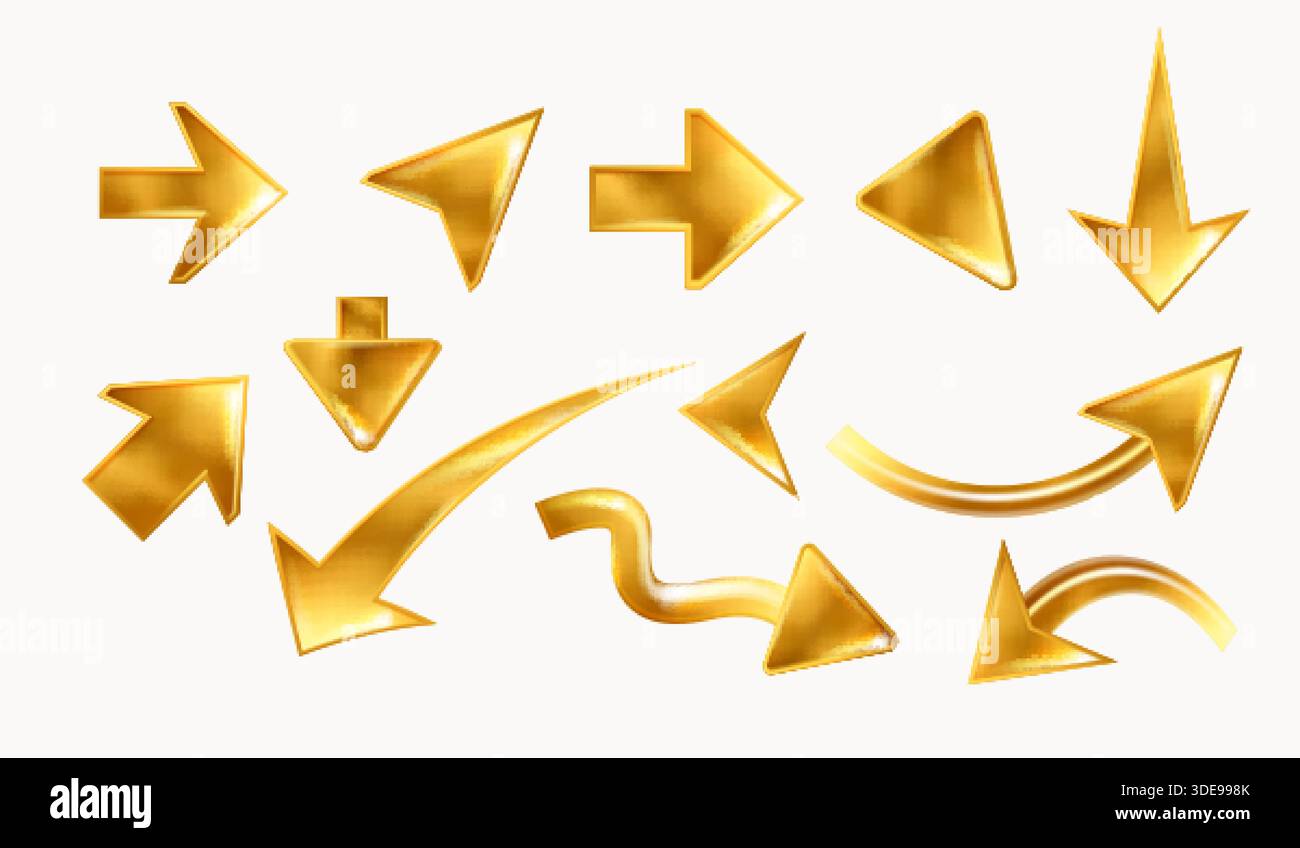 3d golden arrows. Realistic gold liquid mouse cursor, abstract y2k ...