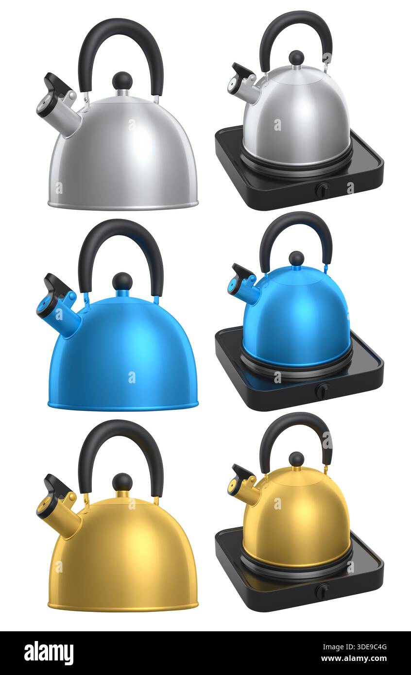 Portable camping electric stove and kettle with whistle on white ...