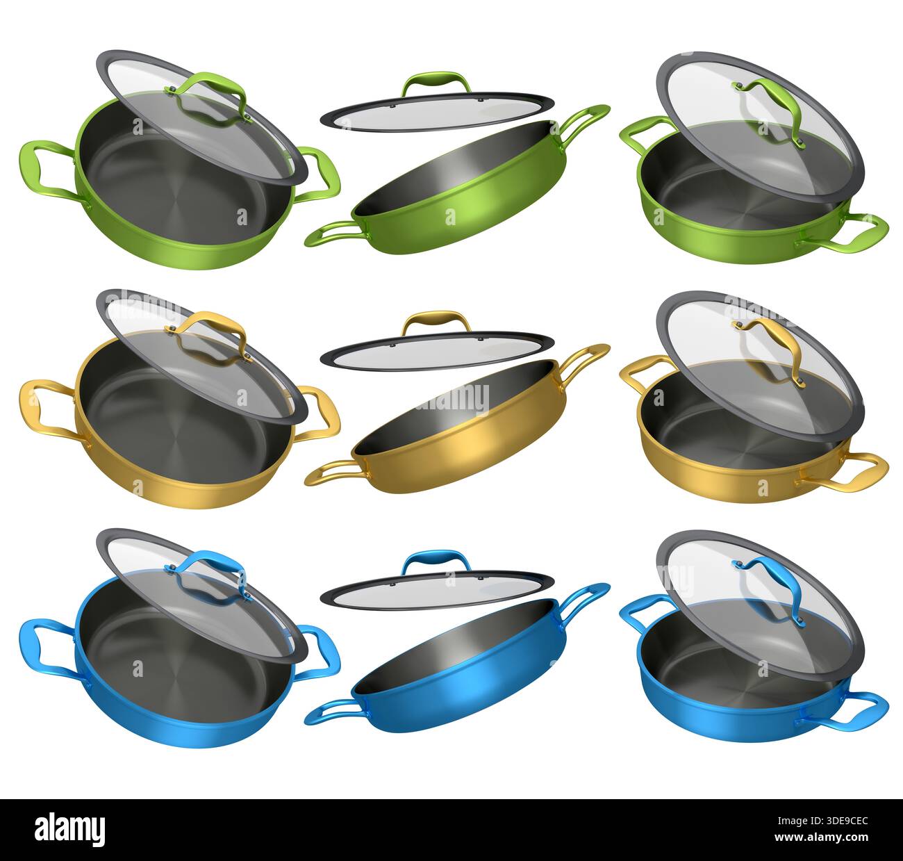 Set of frying pan with glass lid on white background. 3d render of non ...