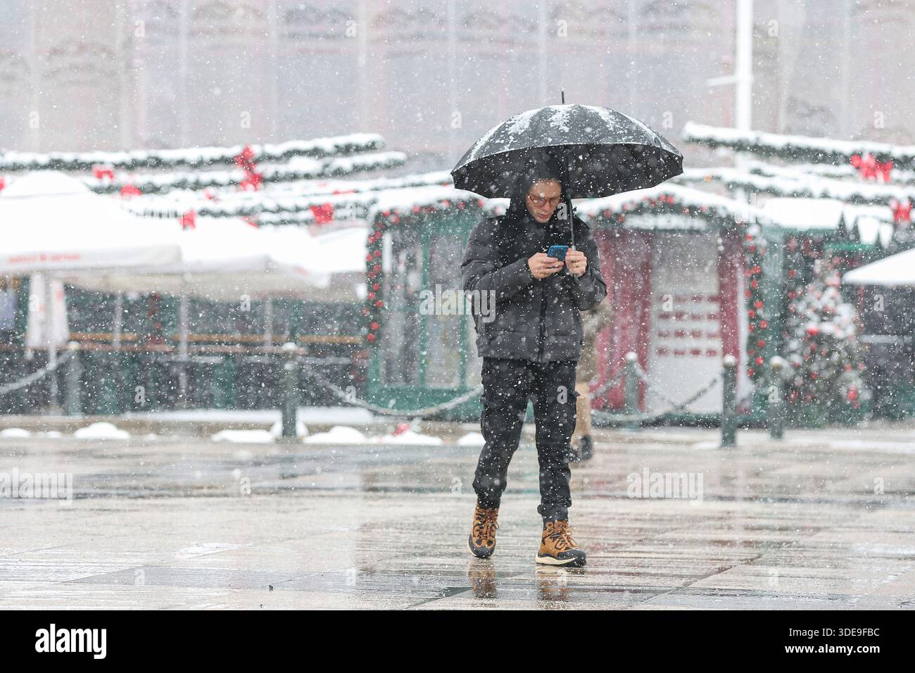 Snow is covering the ban Josip Jelacic square in city center in Zagreb ...