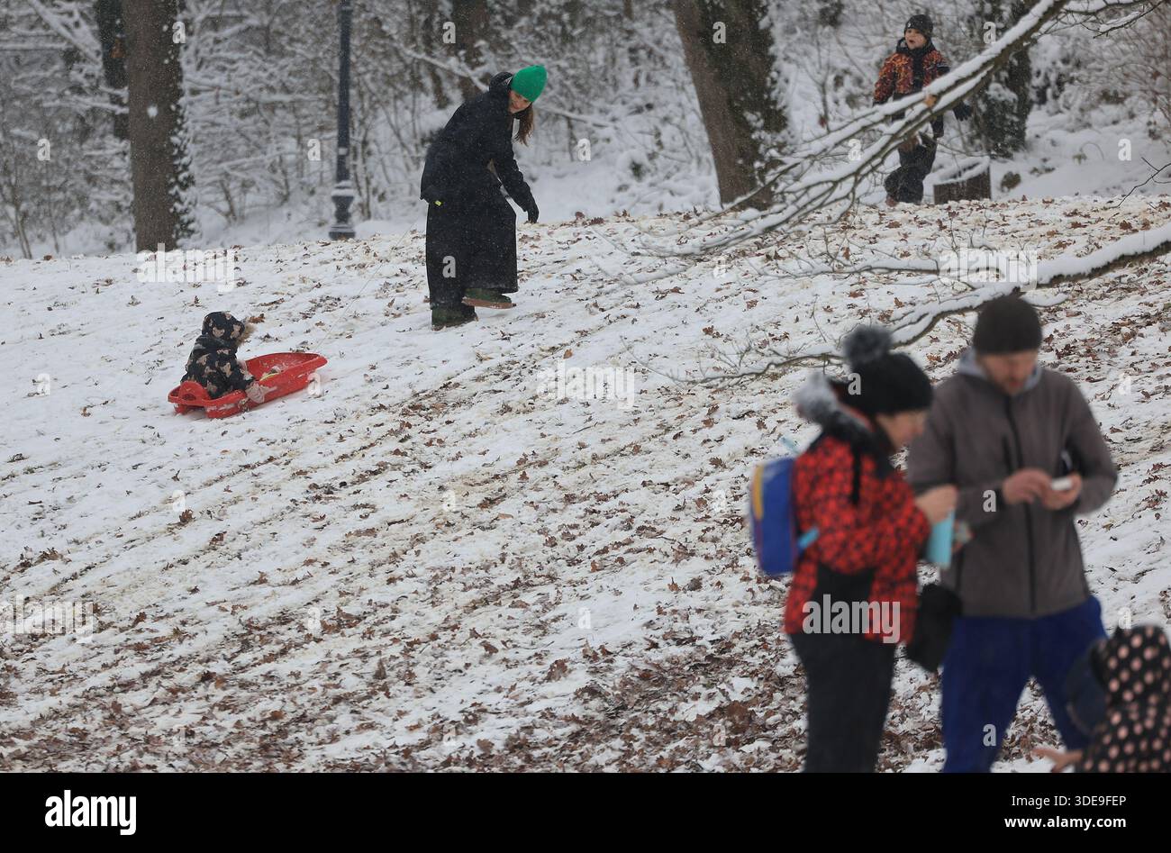 People ride on a sledge in a snow-covered Maksimir park in Zagreb ...