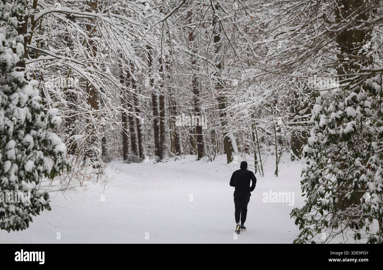 06 January 2026, Hamburg: A jogger runs along a path through the snow ...