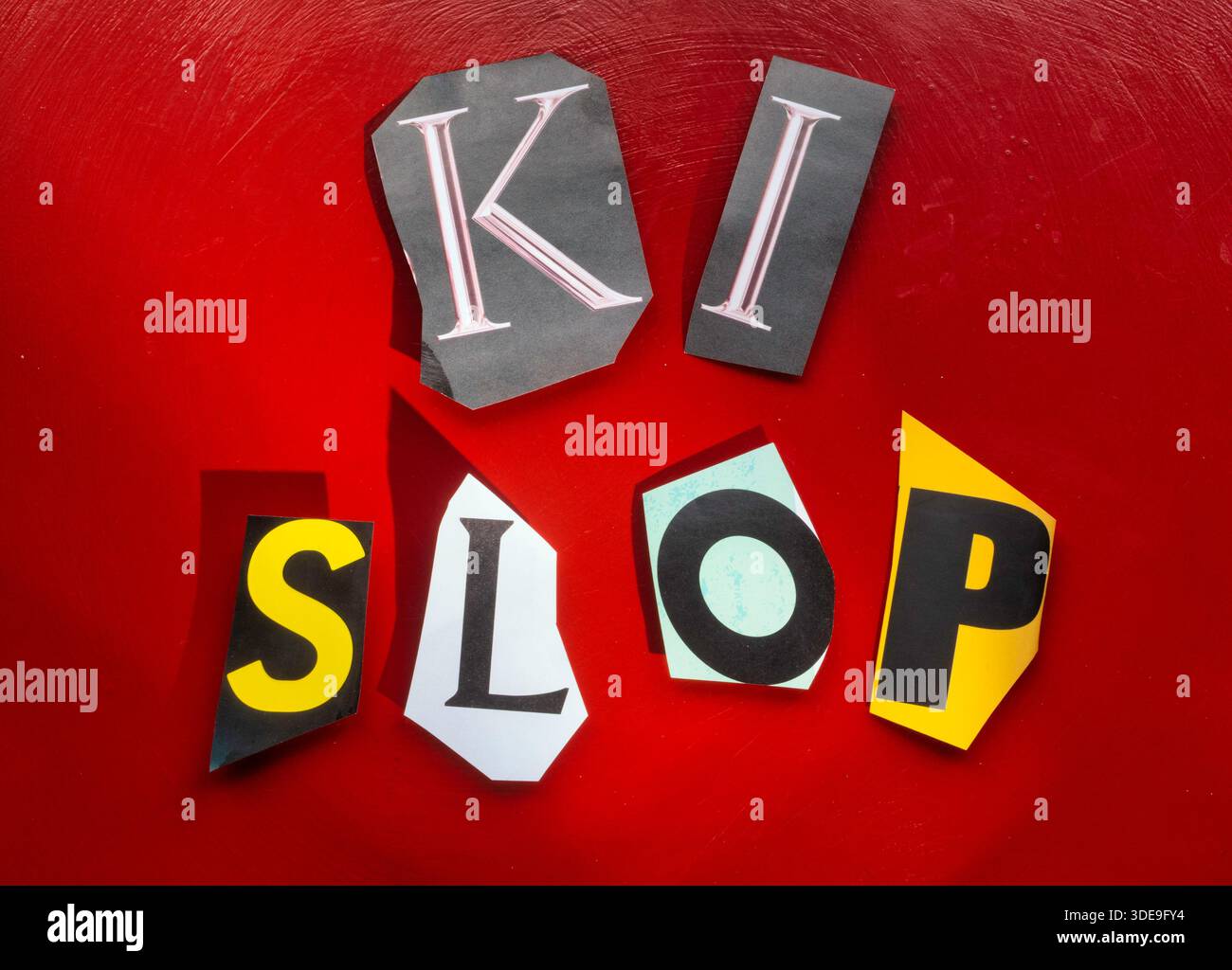 "KI Slop" is spelled out in ransom note style typography, USA 2026 ...