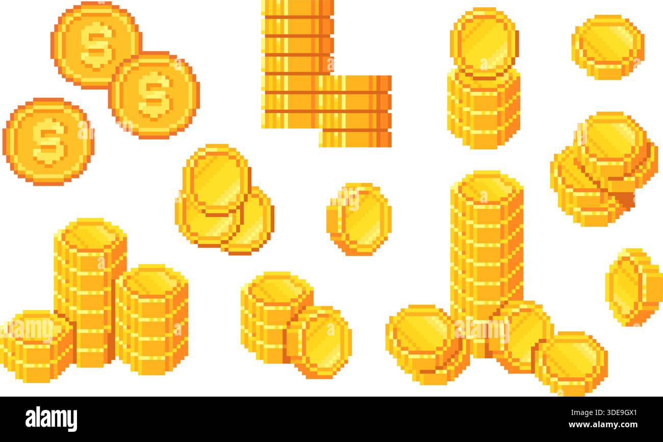 Pixel coins. Gold coin 8 bit retro arcade game art, medieval money cash ...
