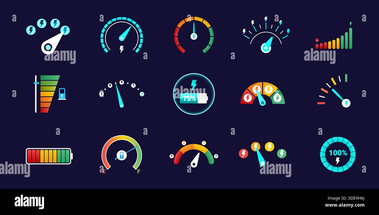 Car energy meters. Electric car battery ev charge meter, speed gauge ...