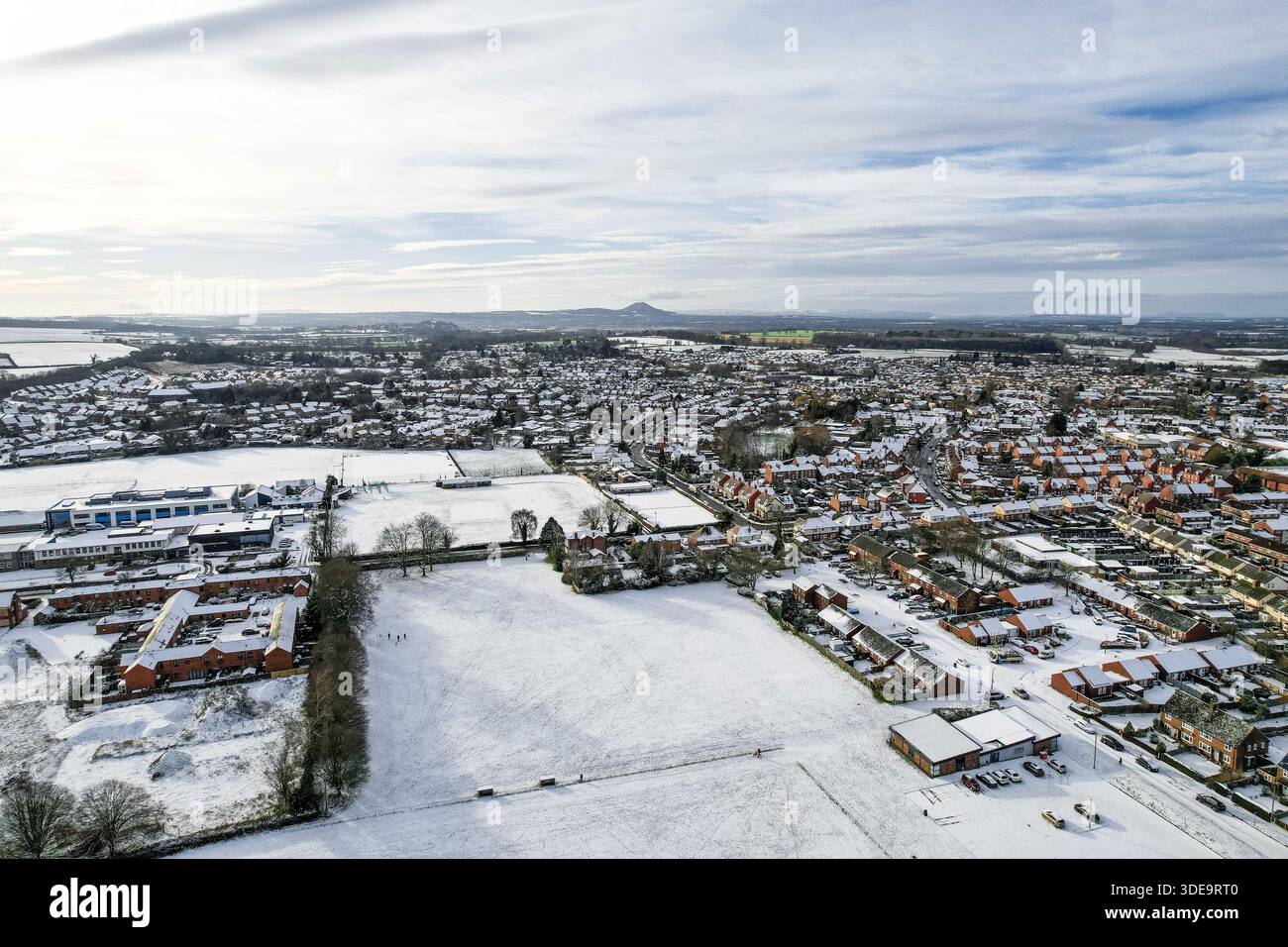 Aerial views of snow covered houses in Newport, Telford and Wrekin at ...