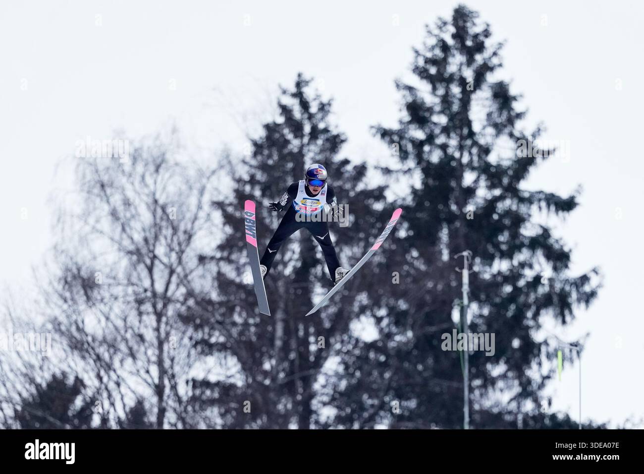 Ryoyu Kobayashi, of Japan, soars through the air during his trial jump ...