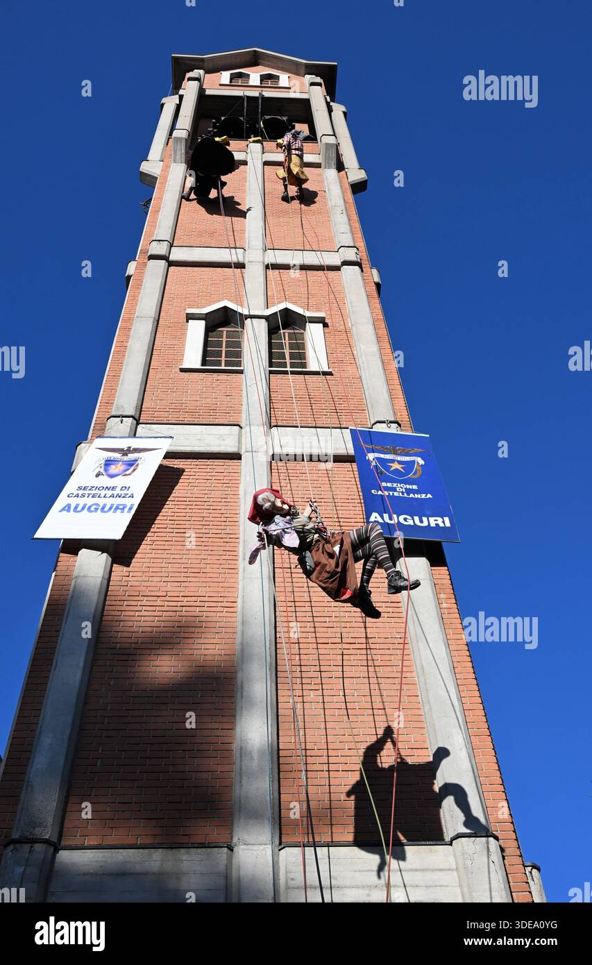 Castellanza, Italy The Befana descends from the bell tower of the ...