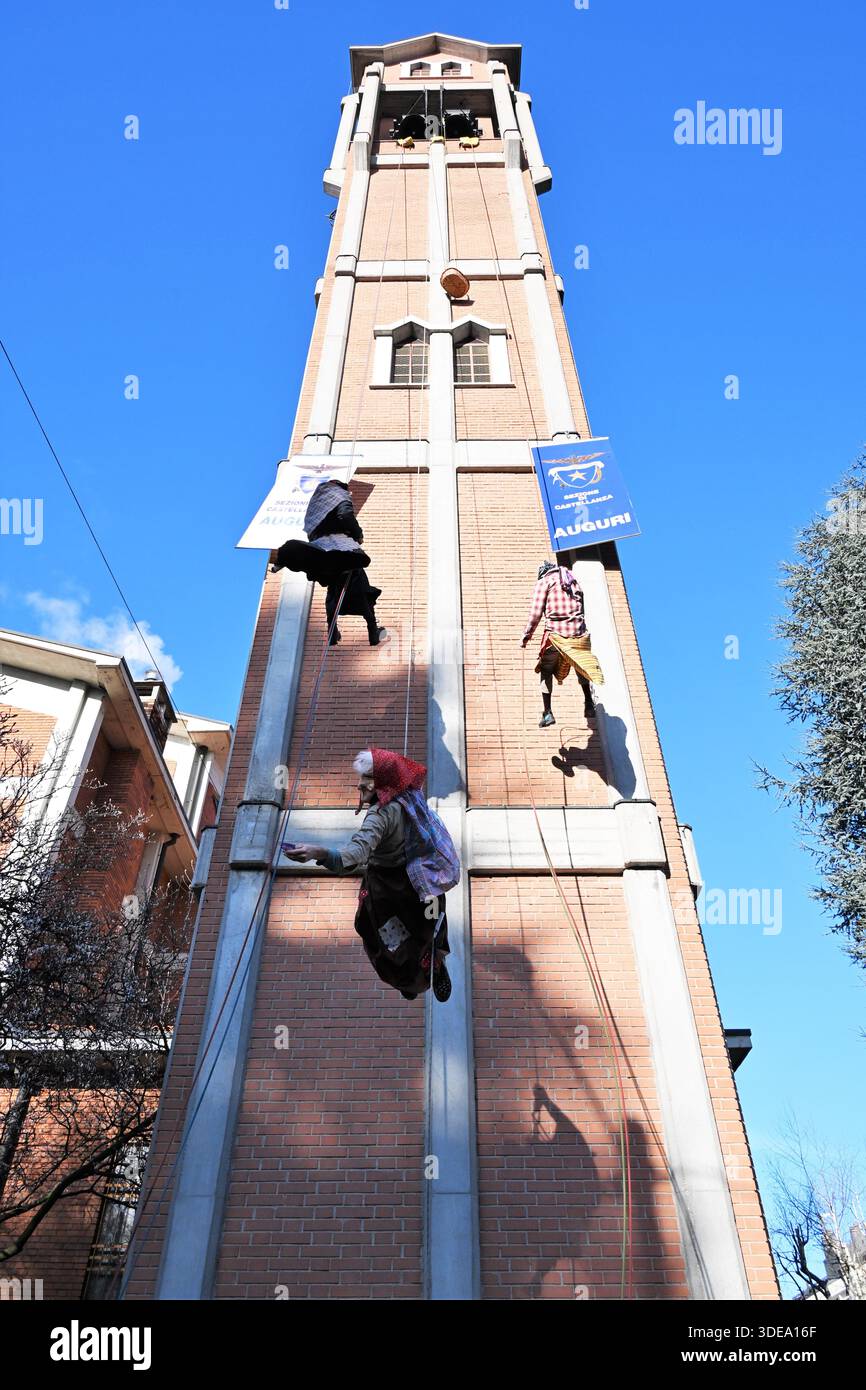 Castellanza, Italy The Befana descends from the bell tower of the ...