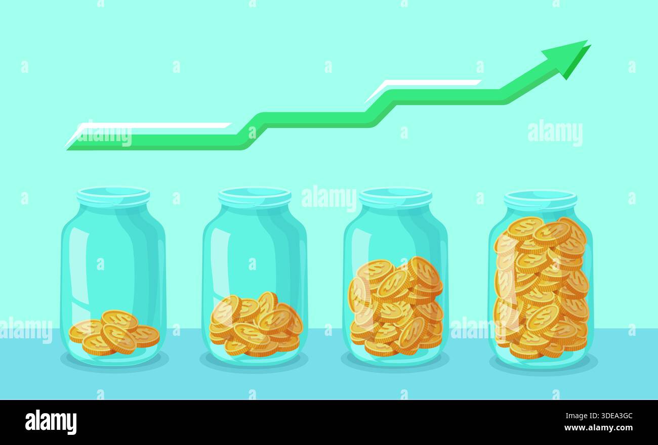 Money jar. Glass jars filled gold coins, money cash savings business ...