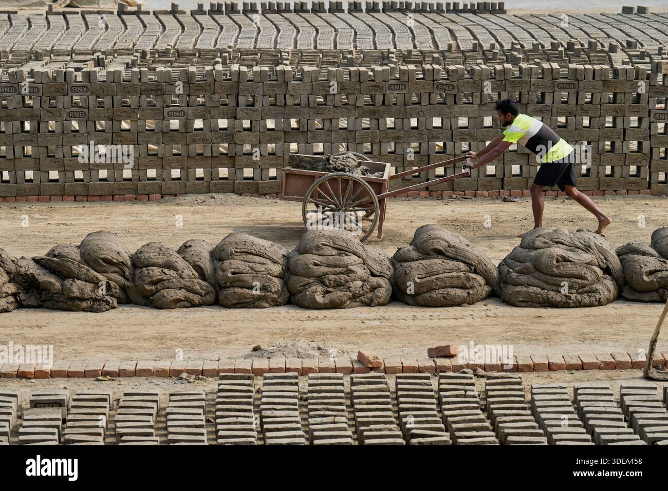 An Indian laborer pushes a cart full of soil at a brick kiln on the ...
