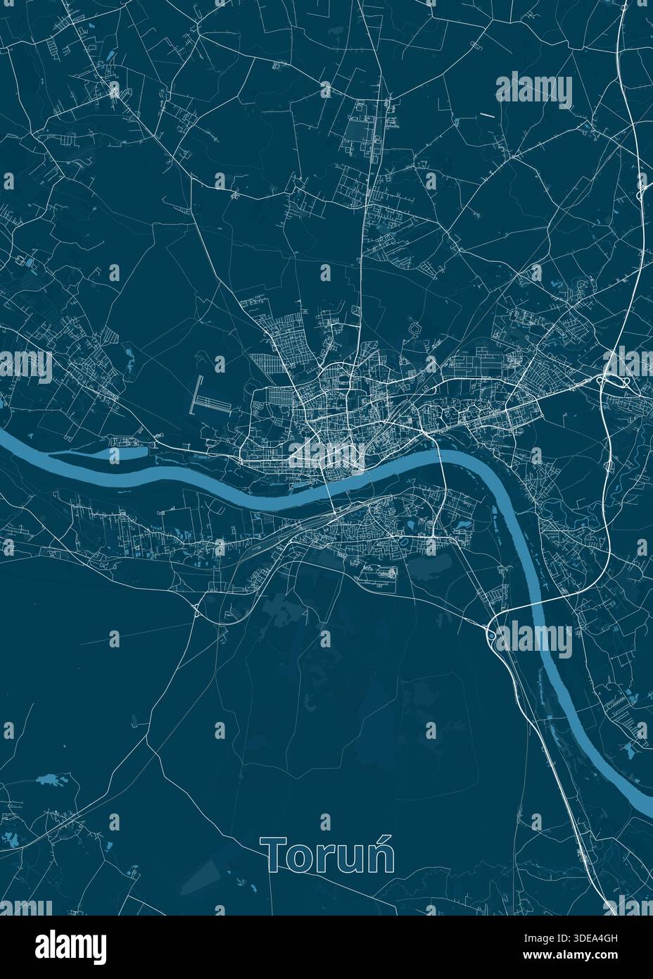 Map of Torun, Poland, rendered in shades of blue. The city's layout is ...