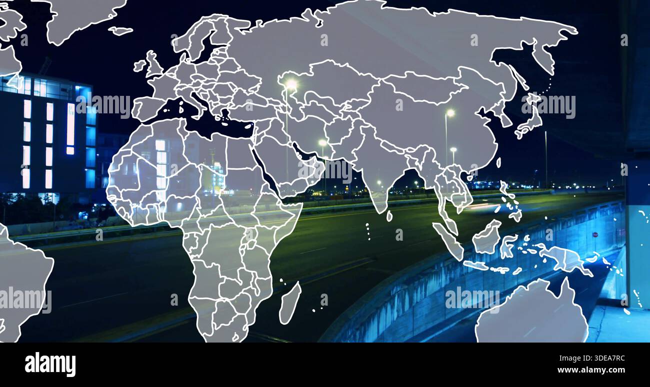 Displaying faint world map overlaying highway at night, with concrete ...