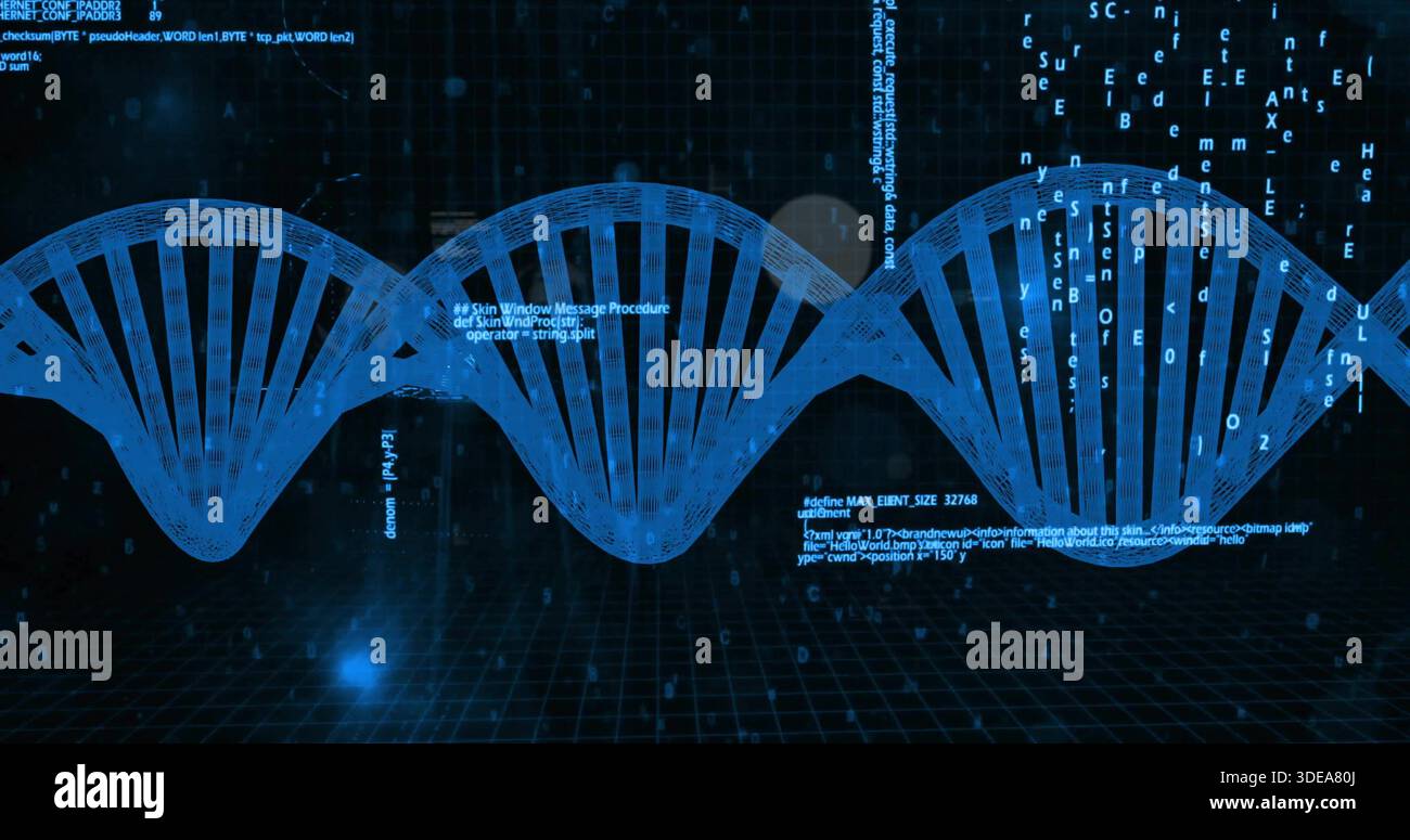 Floating blue double helix pulsing across virtual 3D grid plane ...