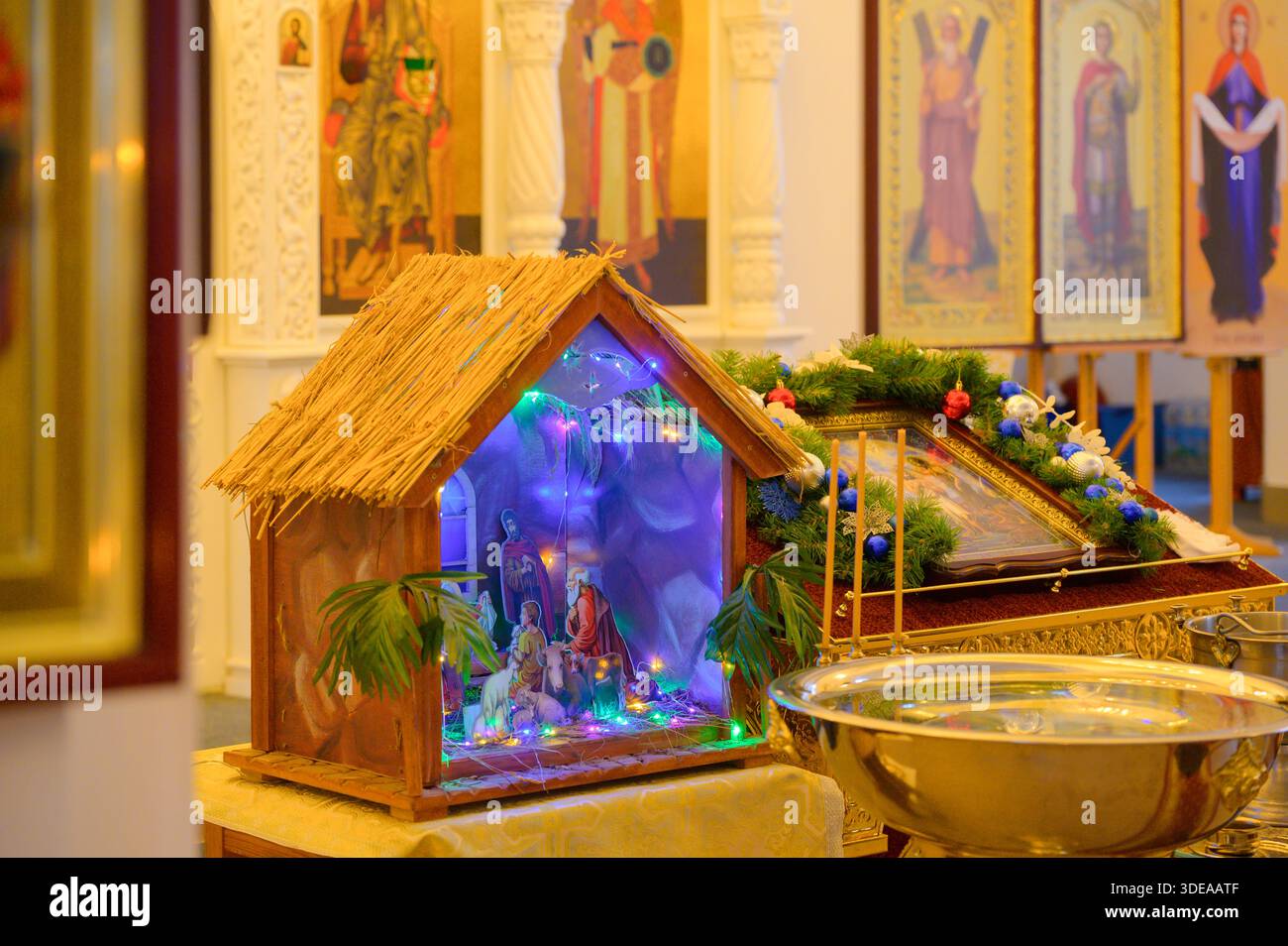 Kyiv, Ukraine 6th January,2026, Nativity scene with colorful lights ...