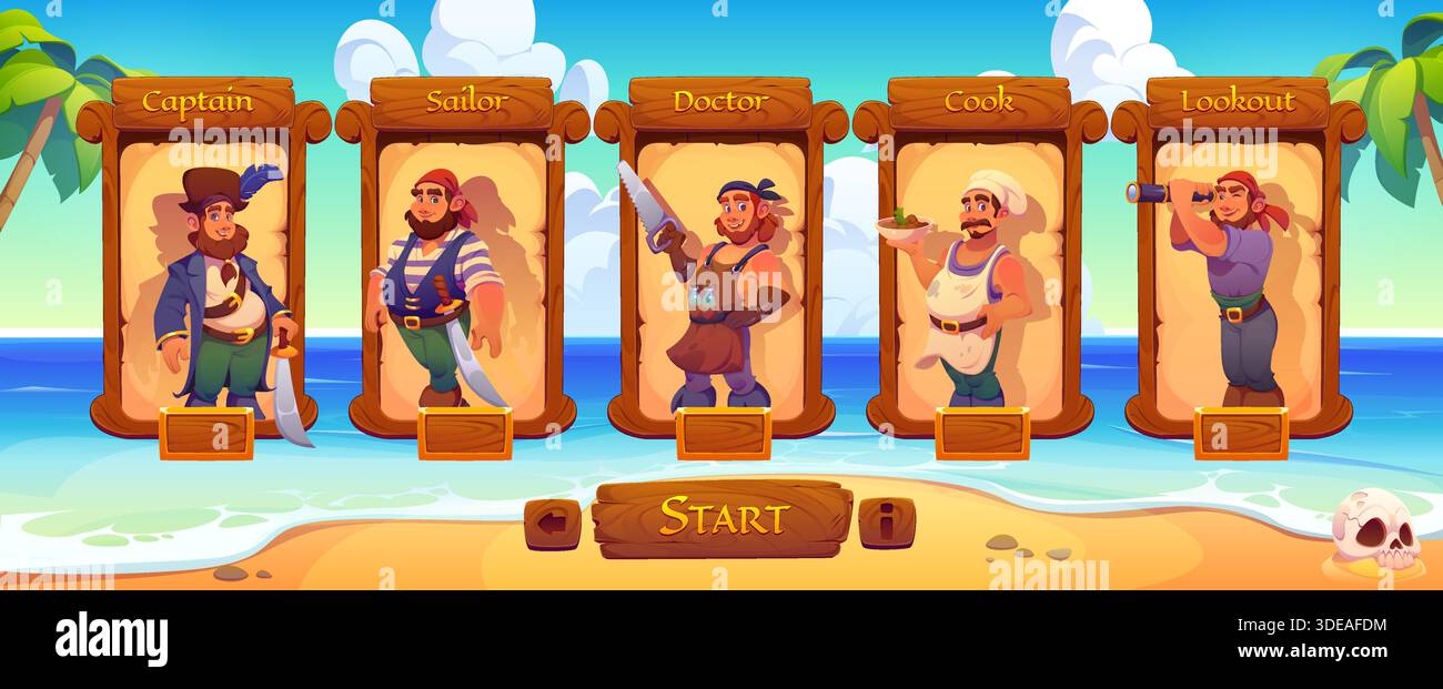 Pirate crew characters, game interface wood frames, vector GUI. Cartoon ...