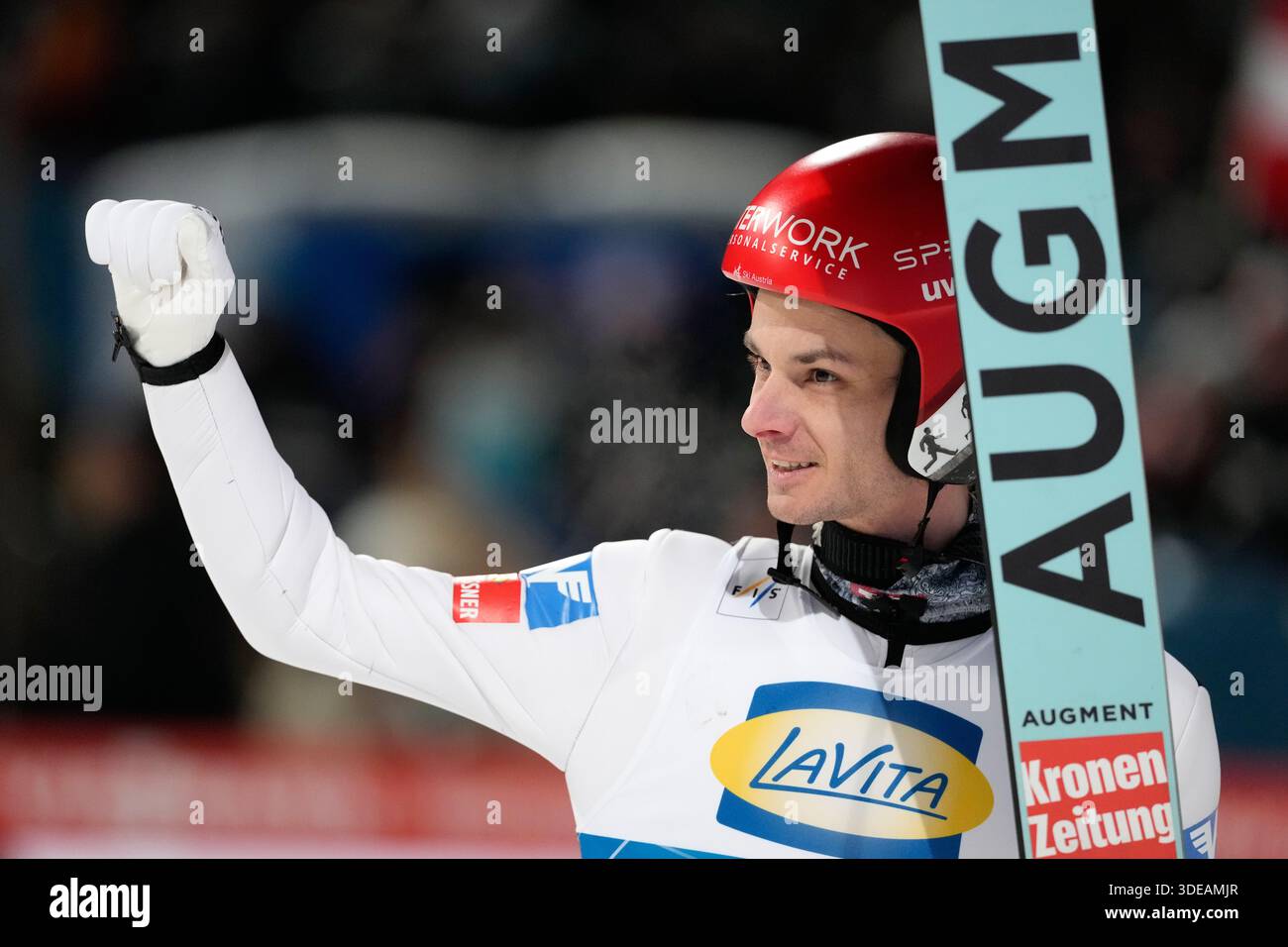 Manuel Fettner, of Austria, gestures to the fans after his second round ...
