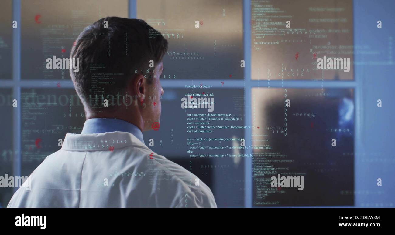 Analyzing researcher in lab coat in control-room viewing code on glass ...