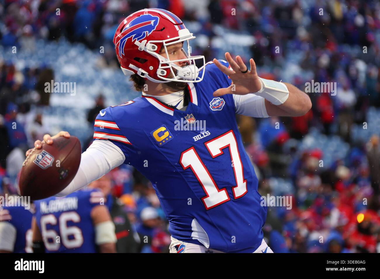 Buffalo Bills quarterback Josh Allen (17) warms up prior to the first ...