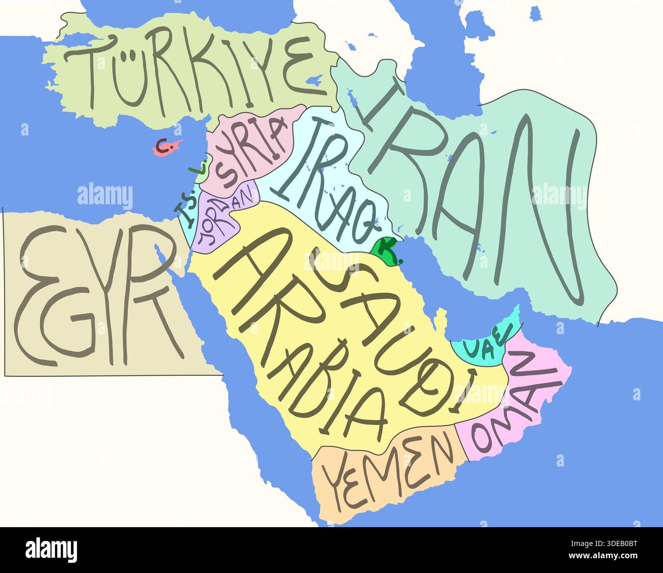 Middle East map with countries captions, cartoon hand-drawn style Stock ...